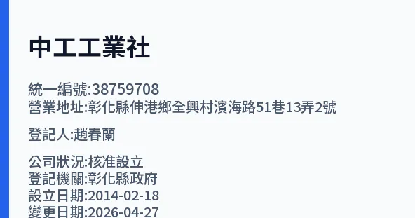 中工工業社的照片-統編 38759708(彰化縣) 公司登記資料與營業項目詳細圖表