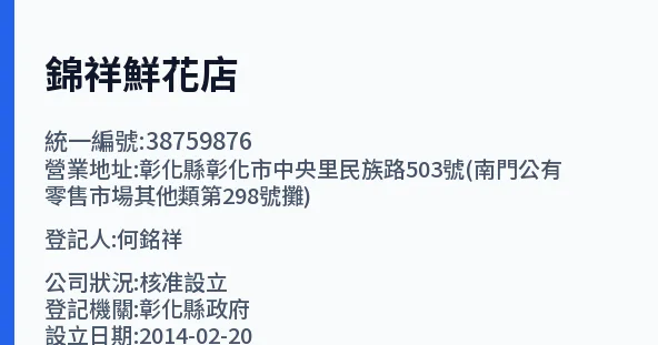 錦祥鮮花店的照片-統編 38759876(彰化縣) 公司登記資料與營業項目詳細圖表