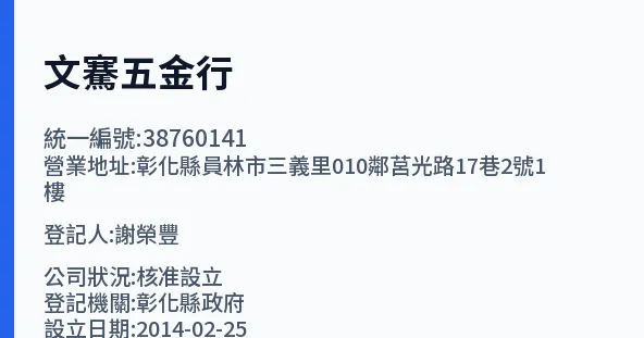 文騫五金行的照片-統編 38760141(彰化縣) 公司登記資料與營業項目詳細圖表