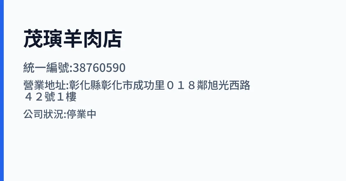 茂璌羊肉店 - 統編 38760590(彰化縣) 公司登記資料與營業項目詳細圖表