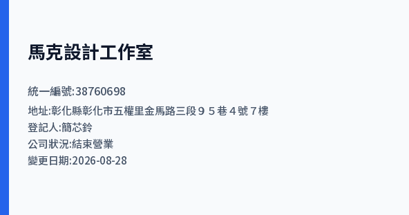 馬克設計工作室的照片-統編 38760698(彰化縣) 公司登記資料與營業項目詳細圖表