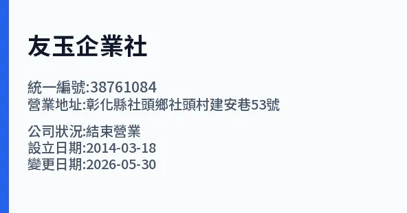 友玉企業社的照片-統編 38761084(彰化縣) 公司登記資料與營業項目詳細圖表