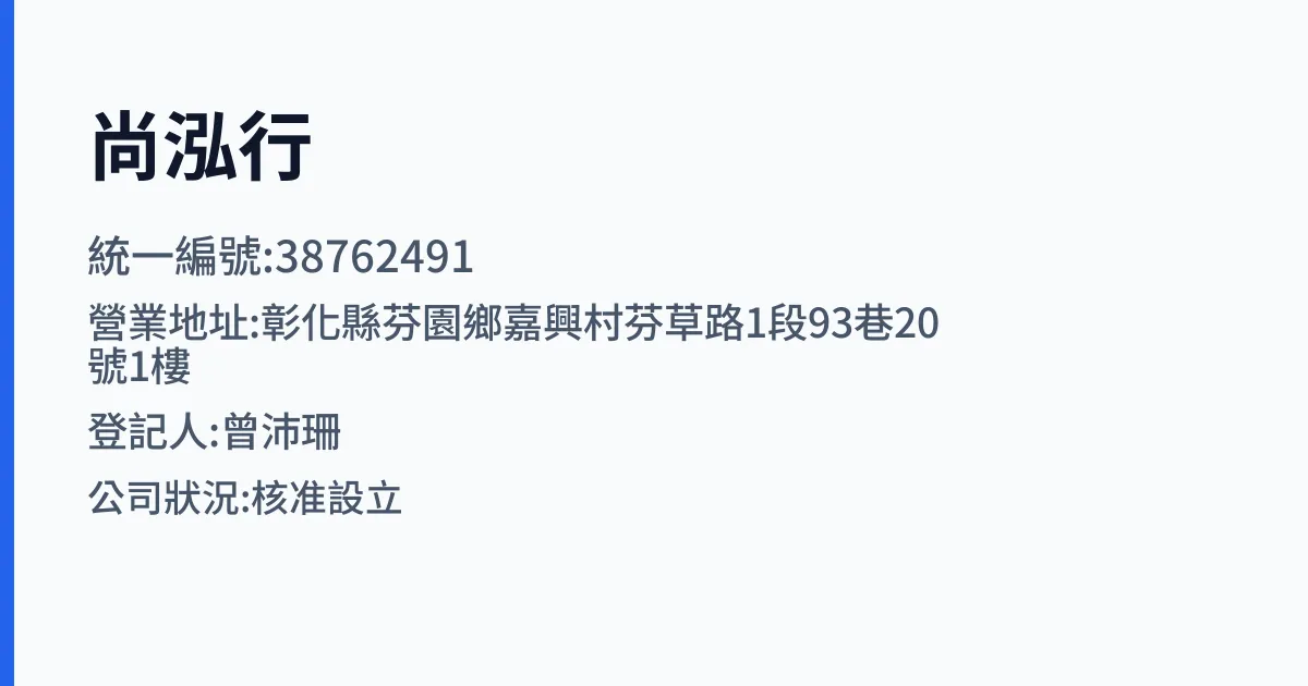 尚泓行 - 統編 38762491(彰化縣) 公司登記資料與營業項目詳細圖表