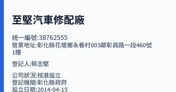 至堅汽車修配廠的照片-統編 38762555(彰化縣) 公司登記資料與營業項目詳細圖表