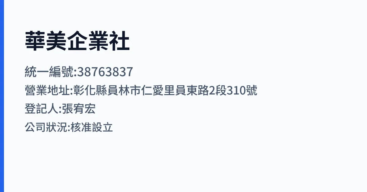 華美企業社 - 統編 38763837(彰化縣) 公司登記資料與營業項目詳細圖表