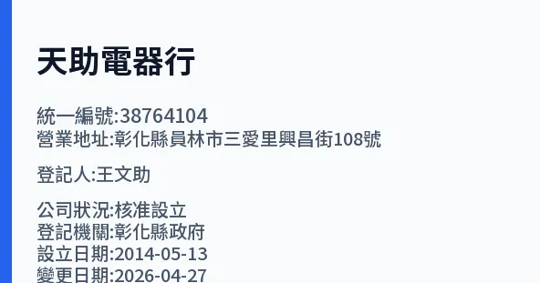 天助電器行的照片-統編 38764104(彰化縣) 公司登記資料與營業項目詳細圖表
