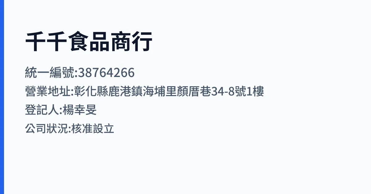 千千食品商行 - 統編 38764266(彰化縣) 公司登記資料與營業項目詳細圖表