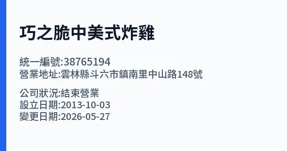 巧之脆中美式炸雞的照片-統編 38765194(雲林縣) 公司登記資料與營業項目詳細圖表