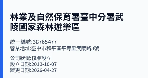林業及自然保育署臺中分署武陵國家森林遊樂區的照片-統編 38765477(臺中市) 公司登記資料與營業項目詳細圖表