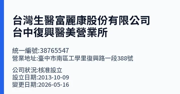 台灣生醫富麗康股份有限公司台中復興醫美營業所的照片-統編 38765547(臺中市) 公司登記資料與營業項目詳細圖表