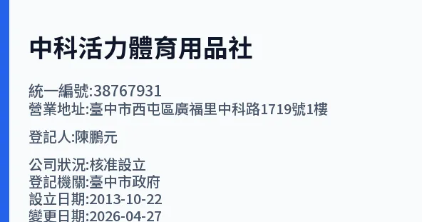 中科活力體育用品社的照片-統編 38767931(臺中市) 公司登記資料與營業項目詳細圖表