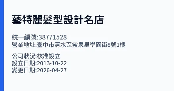 藝特麗髮型設計名店的照片-統編 38771528(臺中市) 公司登記資料與營業項目詳細圖表