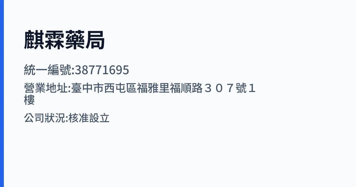 麒霖藥局 - 統編 38771695(臺中市) 公司登記資料與營業項目詳細圖表