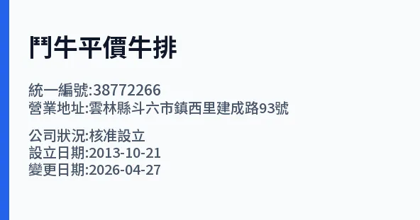 鬥牛平價牛排的照片-統編 38772266(雲林縣) 公司登記資料與營業項目詳細圖表