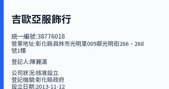 吉歐亞服飾行的照片-統編 38776018(彰化縣) 公司登記資料與營業項目詳細圖表