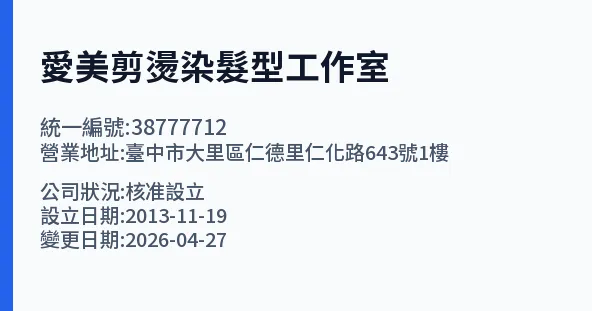 愛美剪燙染髮型工作室的照片-統編 38777712(臺中市) 公司登記資料與營業項目詳細圖表