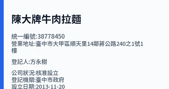 陳大牌牛肉拉麵的照片-統編 38778450(臺中市) 公司登記資料與營業項目詳細圖表