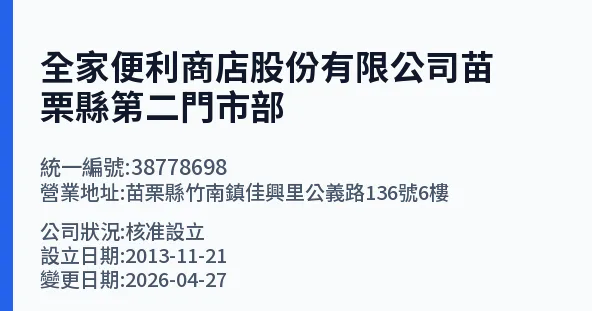 全家便利商店股份有限公司苗栗縣第二門市部的照片-統編 38778698(苗栗縣) 公司登記資料與營業項目詳細圖表