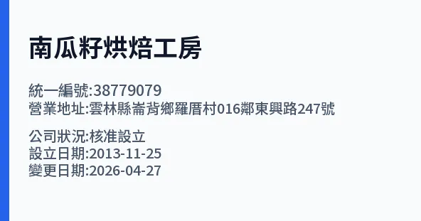 南瓜籽烘焙工房的照片-統編 38779079(雲林縣) 公司登記資料與營業項目詳細圖表