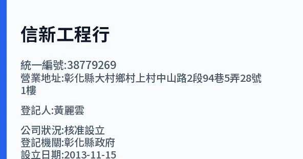 信新工程行的照片-統編 38779269(彰化縣) 公司登記資料與營業項目詳細圖表