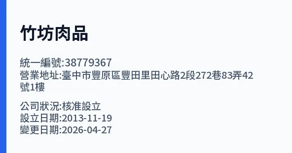 竹坊肉品的照片-統編 38779367(臺中市) 公司登記資料與營業項目詳細圖表