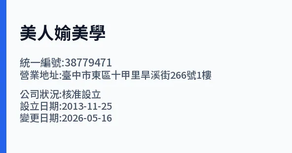 美人媮美學的照片-統編 38779471(臺中市) 公司登記資料與營業項目詳細圖表