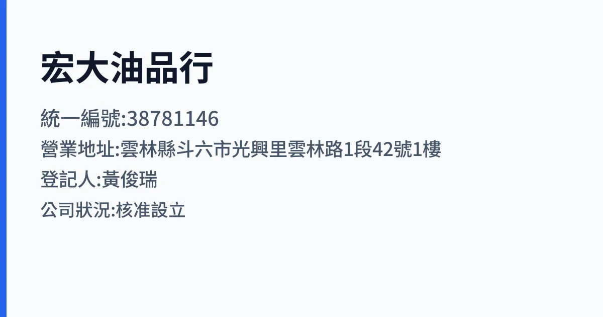 宏大油品行 - 統編 38781146(雲林縣) 公司登記資料與營業項目詳細圖表