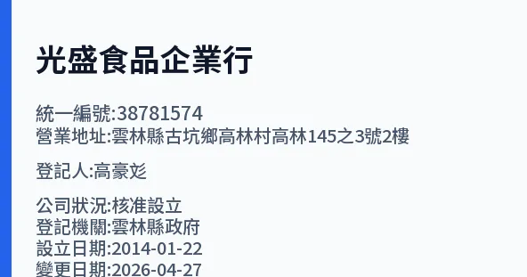 光盛食品企業行的照片-統編 38781574(雲林縣) 公司登記資料與營業項目詳細圖表