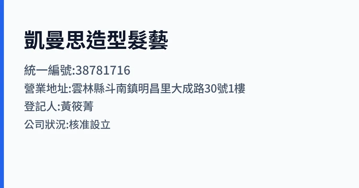 凱曼思造型髮藝 - 統編 38781716(雲林縣) 公司登記資料與營業項目詳細圖表