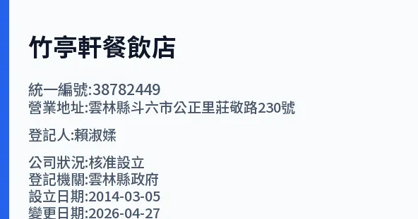 竹亭軒餐飲店的照片-統編 38782449(雲林縣) 公司登記資料與營業項目詳細圖表