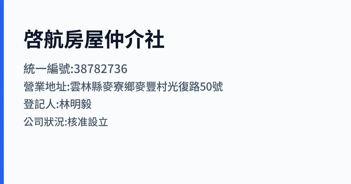啓航房屋仲介社 - 統編 38782736(雲林縣) 公司登記資料與營業項目詳細圖表