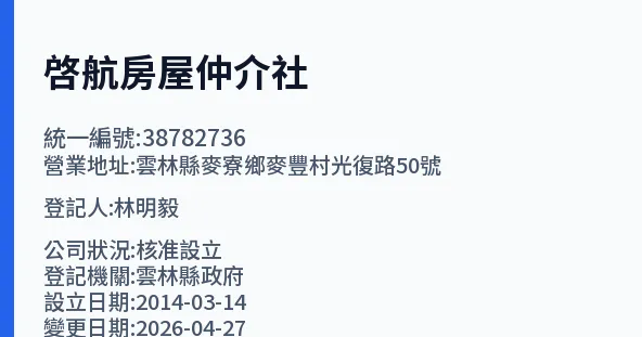 啓航房屋仲介社的照片-統編 38782736(雲林縣) 公司登記資料與營業項目詳細圖表