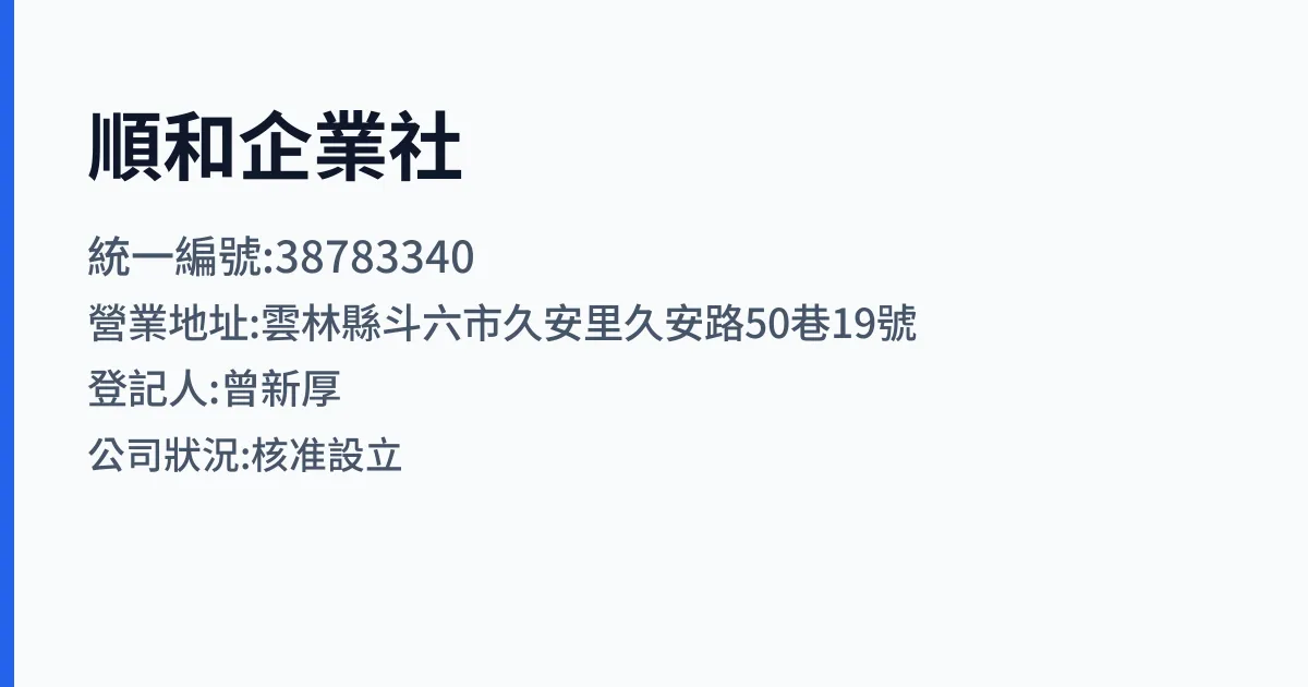 順和企業社 - 統編 38783340(雲林縣) 公司登記資料與營業項目詳細圖表
