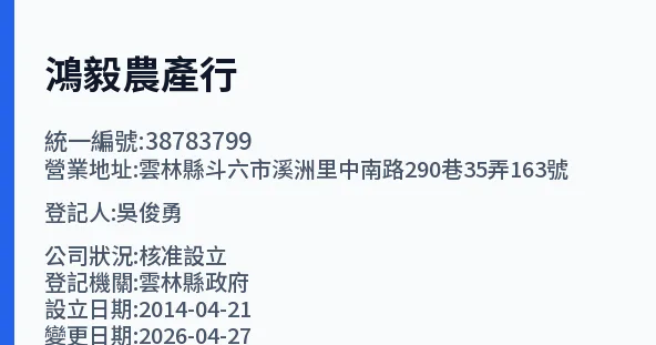 鴻毅農產行的照片-統編 38783799(雲林縣) 公司登記資料與營業項目詳細圖表