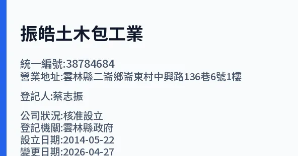 振皓土木包工業的照片-統編 38784684(雲林縣) 公司登記資料與營業項目詳細圖表