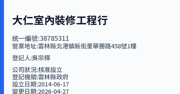 大仁室內裝修工程行的照片-統編 38785311(雲林縣) 公司登記資料與營業項目詳細圖表