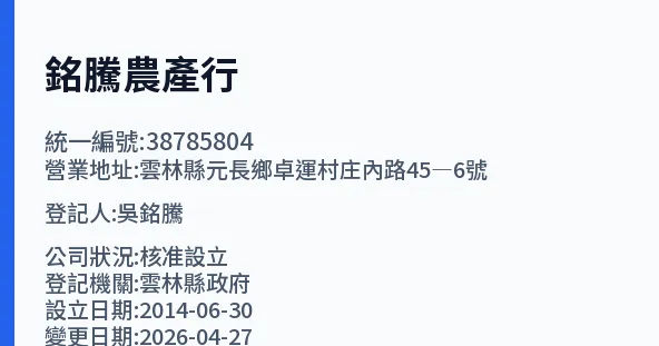 銘騰農產行的照片-統編 38785804(雲林縣) 公司登記資料與營業項目詳細圖表