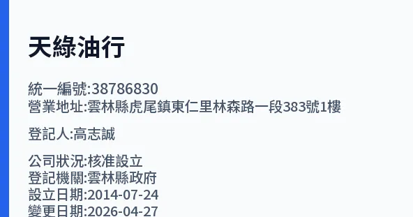 天綠油行的照片-統編 38786830(雲林縣) 公司登記資料與營業項目詳細圖表