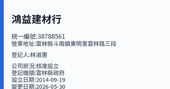 鴻益建材行的照片-統編 38788561(雲林縣) 公司登記資料與營業項目詳細圖表