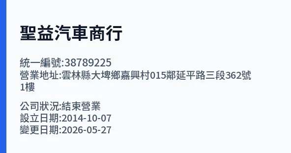 聖益汽車商行的照片-統編 38789225(雲林縣) 公司登記資料與營業項目詳細圖表