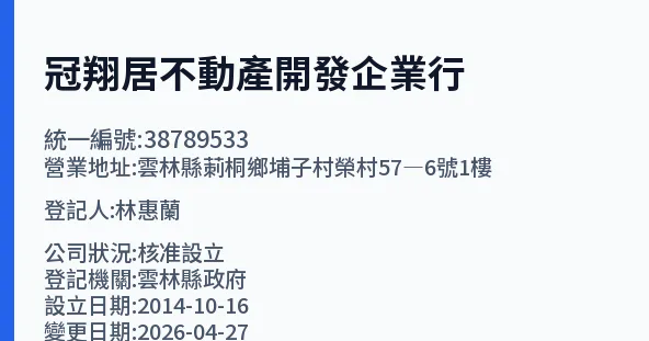 冠翔居不動產開發企業行的照片-統編 38789533(雲林縣) 公司登記資料與營業項目詳細圖表