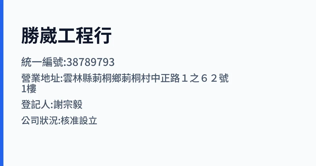 勝崴工程行 - 統編 38789793(雲林縣) 公司登記資料與營業項目詳細圖表
