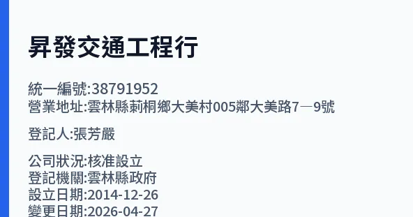昇發交通工程行的照片-統編 38791952(雲林縣) 公司登記資料與營業項目詳細圖表