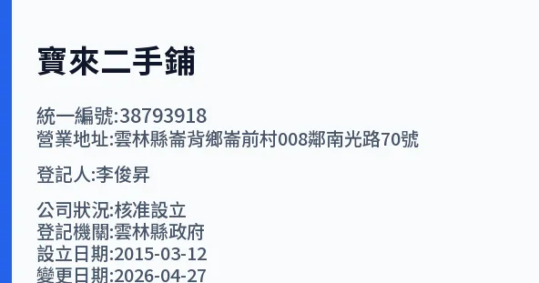 寶來二手鋪的照片-統編 38793918(雲林縣) 公司登記資料與營業項目詳細圖表