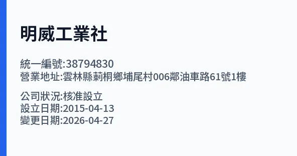 明威工業社的照片-統編 38794830(雲林縣) 公司登記資料與營業項目詳細圖表