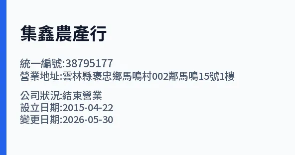 集鑫農產行的照片-統編 38795177(雲林縣) 公司登記資料與營業項目詳細圖表
