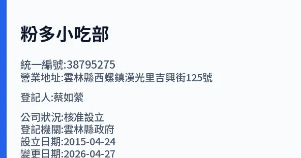 粉多小吃部的照片-統編 38795275(雲林縣) 公司登記資料與營業項目詳細圖表