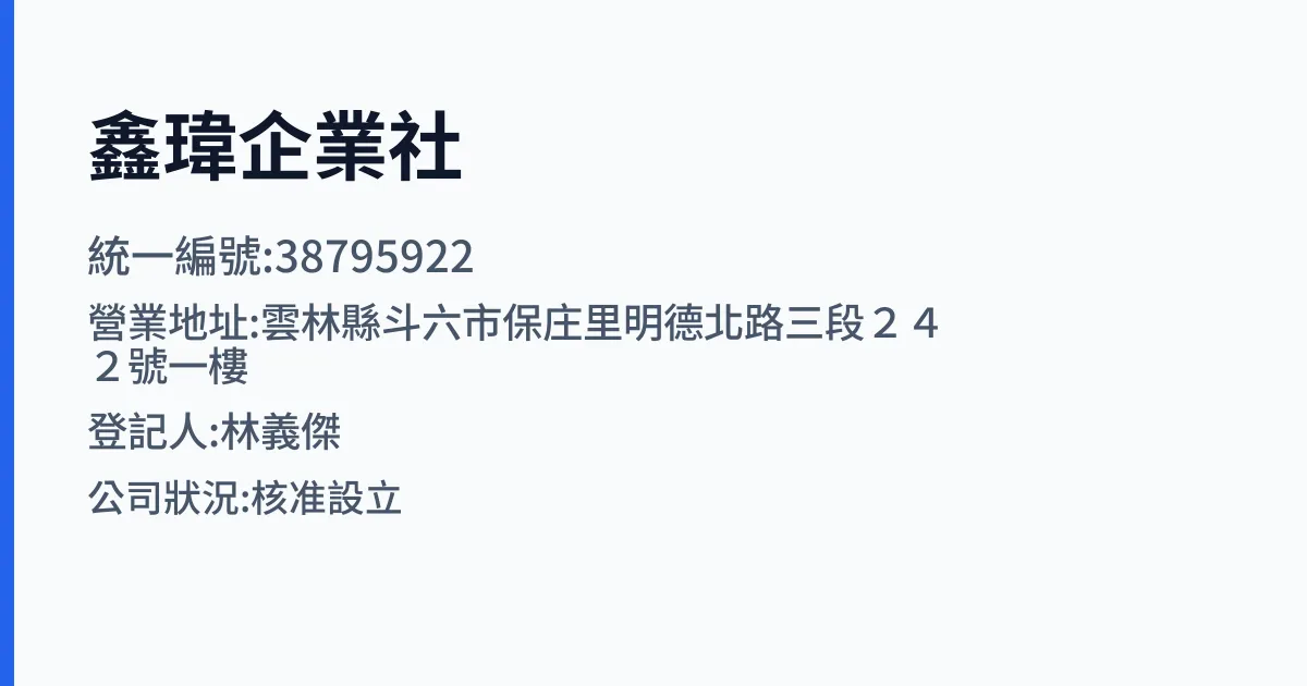鑫瑋企業社 - 統編 38795922(雲林縣) 公司登記資料與營業項目詳細圖表