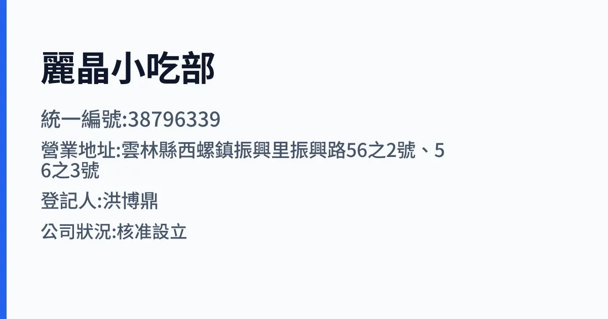 麗晶小吃部 - 統編 38796339（雲林縣） 公司登記資料與營業項目詳細圖表
