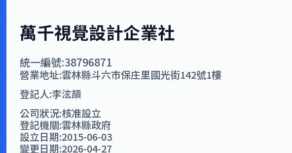 萬千視覺設計企業社的照片-統編 38796871(雲林縣) 公司登記資料與營業項目詳細圖表